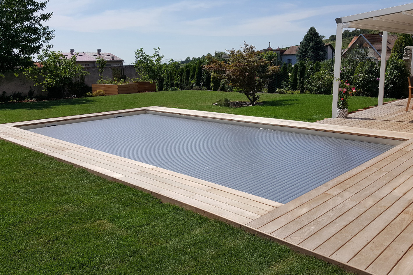 Keramik Pool Komplettset Cera Bay Oasis mit Skimmer Pool Poolgröße 3,6 x 8m | Unterflurrolladen